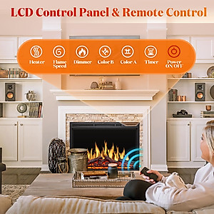 Rintuf Electric Fireplace,34" Fireplace Insert with Touch Screen, Quick Heating, Overheating Protection with Timer, Remote, Customed Display: 5 Flame Speed & 5 Color & 5 Brightness, 750/1500W, Black