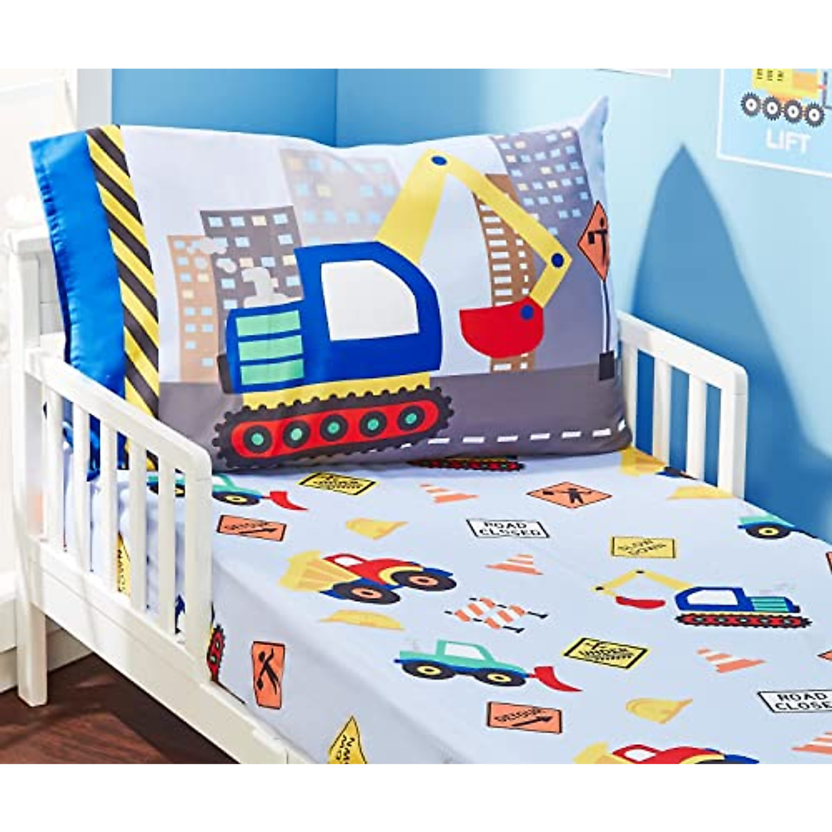 Everyday Kids Toddler Fitted Sheet and Pillowcase Set -Under Construction- Soft Breathable Microfiber Toddler Sheet Set