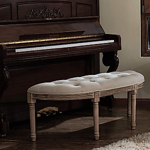 VONLUCE Vintage French Bench, Beige, 49" Upholstered Entryway Bench & Dining Bench, Rubberwood Legs, Padded Seat, 330-pound Weight Capacity