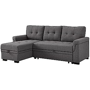 Maykoosh Lakeside Living Linen Cotton Upholstery Fabric Reversible 3 Seating Sectional Sleeper Sofa Chaise with Storage - 86" D x 54" W x 35" H Steel Gray