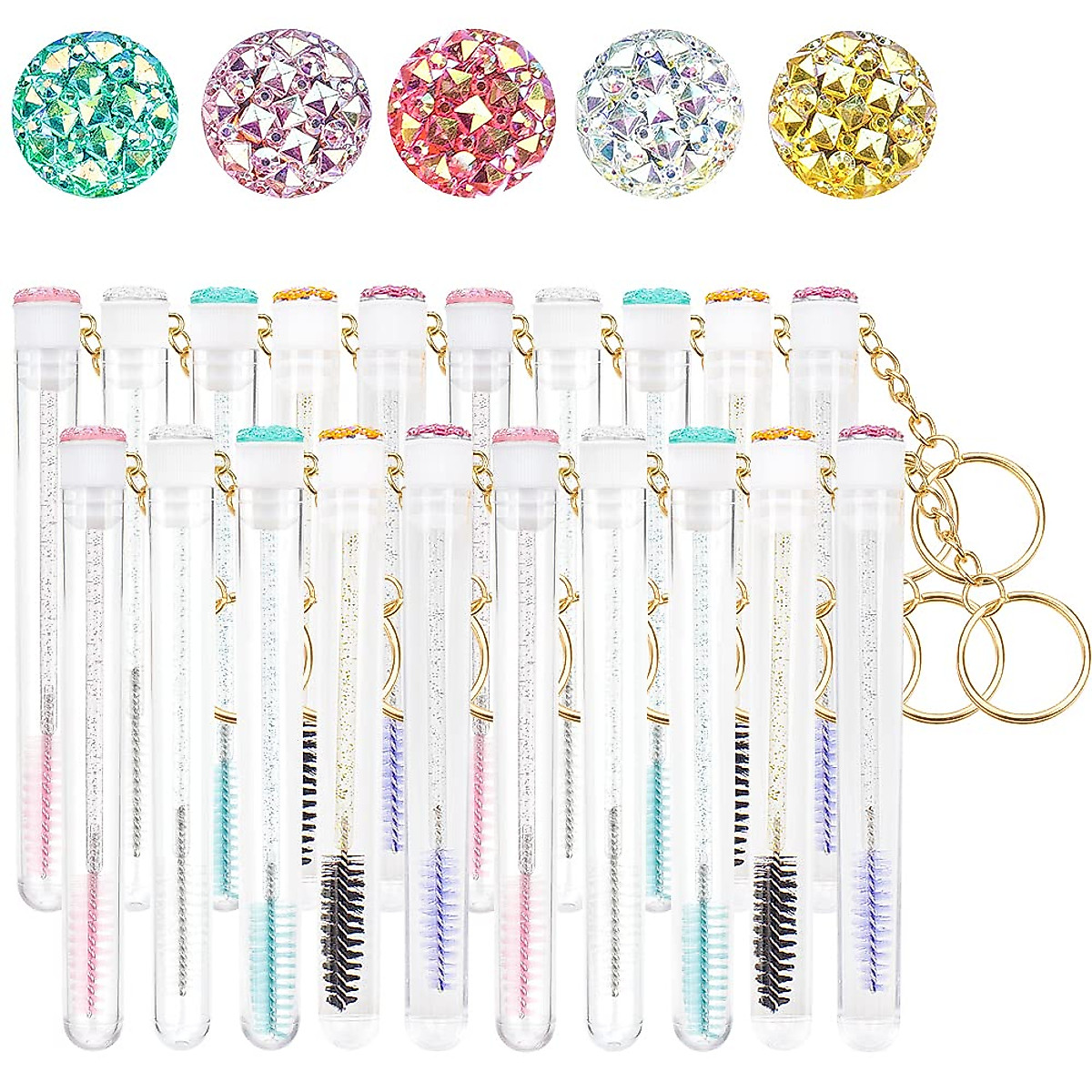 Mekupeu 20 Pcs Mascara Wand Tube Set Diamond Key Chain Tube Empty Mascara Brushes Eyelash Spoolies Brush Makeup Tool Applicator (Mixed 5 color)