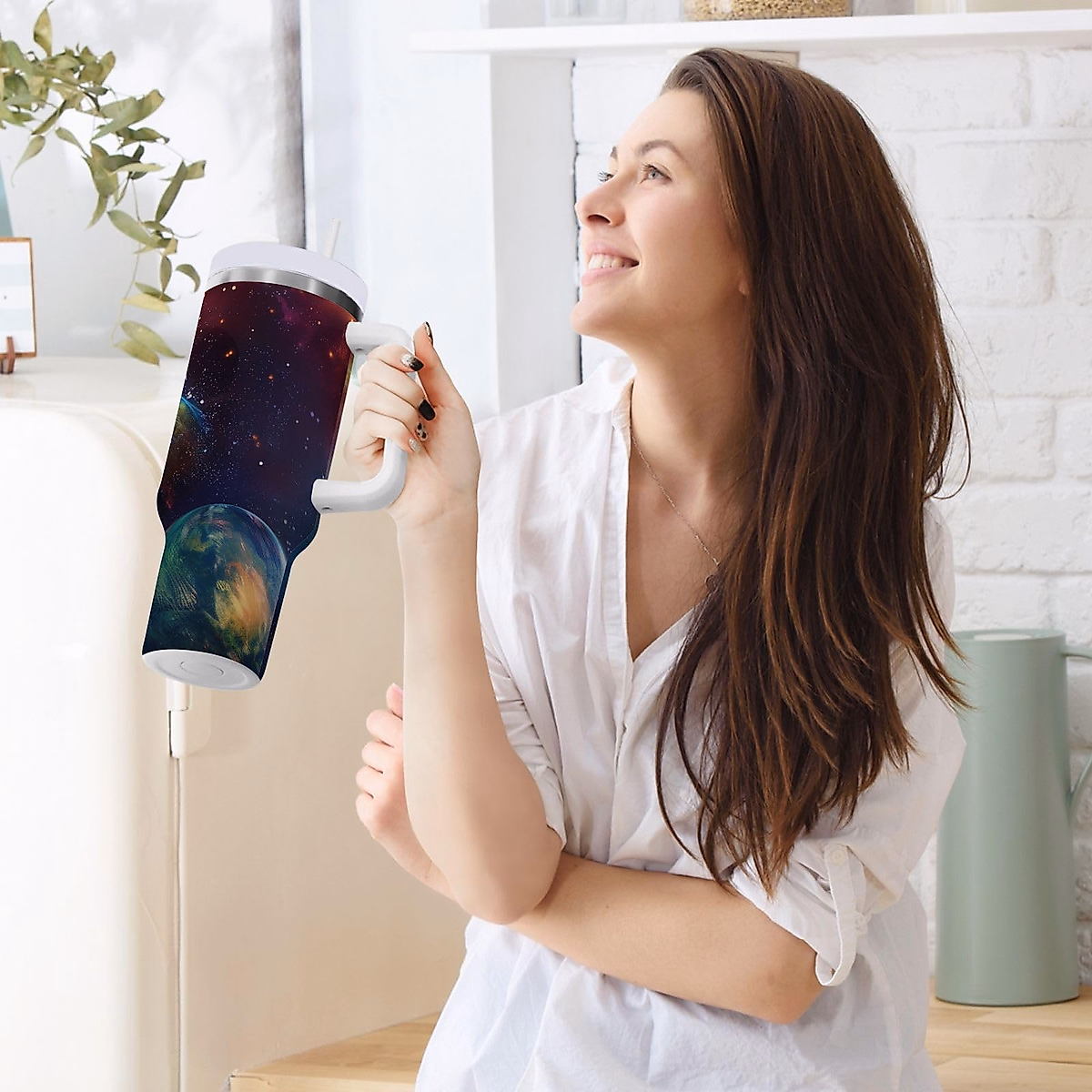 ALAZA Space Planets Nebula 40 oz Tumbler Stainless Steel Water Bottle Vacuum Insulated Cup with Straw Lid & Handle For Travel Car Cup Holder