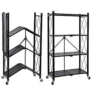 HealSmart 4-Tier Heavy Duty Foldable Metal Rack Storage Shelving Unit, Black & 3-Tier Heavy Duty Foldable Metal Rack Storage Shelving Unit with Wheels Moving Easily Organizer Shelves, Black