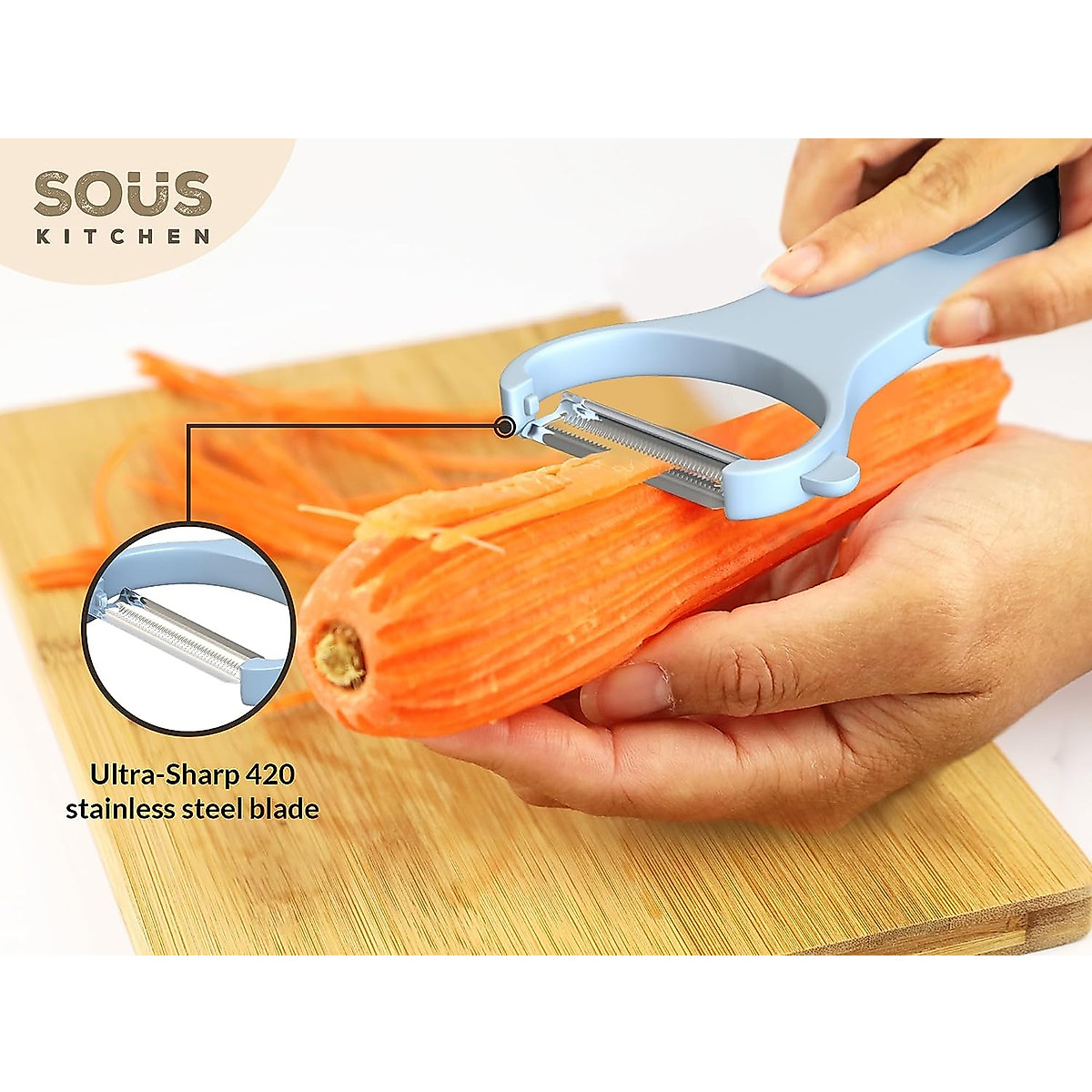 Sous Kitchen Veggie Peeler Julienne Peeler & Fruit Peeler Set of 3 - Vegetable Peelers for Kitchen - Potatoes Peeler With Sharp Peeler Blades - Speed Peeler With Ergonomic Handles & Swivel Blades