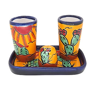 MEXTEQUIL - Authentic Mexican Talavera Tequila Shot Glasse with Tray and Salt Shaker - 2 Shots, 4pieces - Giffable - Artisanal colorful hand-painted (Cactus)