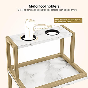 BarberPub Salon Trolley with Wheels Rolling Barber Cart with Drawers Marbled Board for Beauty Salon Metal Frame with 2 Hair Dryer Holders 2044 (White)