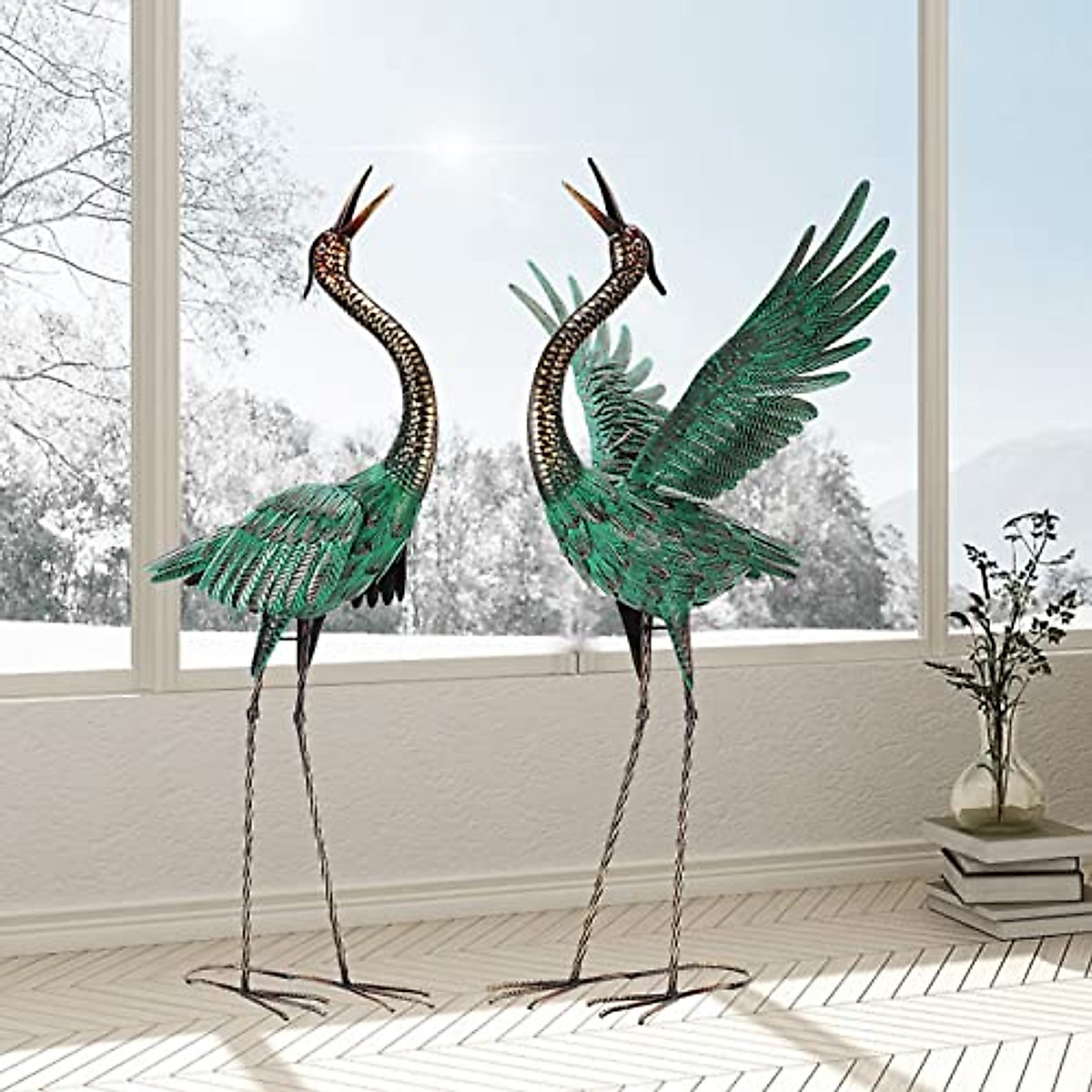 chisheen Crane Garden Statues Outdoor Metal Heron Yard Art Crane for Garden Sculptures Patio Lawn Ornaments,Set of 2