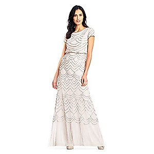 Adrianna Papell Women's Short Sleeve Blouson Beaded Gown, Blush/Gold, 6