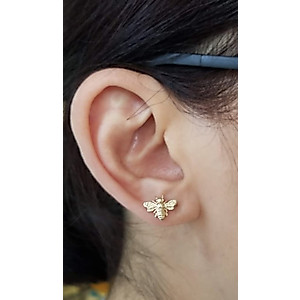 Solid 14k Gold 3D Tiny Golden Bee Earrings, Studs, Endless Hoop, French Hooks Styles (Studs, Yellow Gold)