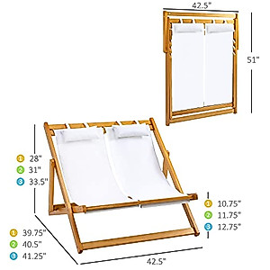 Outsunny 2-Person Sling Chair, Reclining Double Lounger for Patio, Beach, Camping, Lawn, Wood Folding Chair with Recliner Design for 2 Adults, Cream White