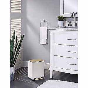 SunnyPoint 6 Liter / 1.58 Gallon Trash Can with Plastic Inner Buckets; Rectangle Bathroom, Office, Kitchen, and Bedroom Step On and Slow Close (WHT+Gold)