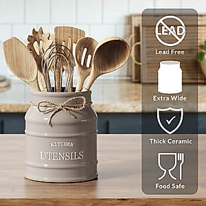 Barnyard Designs Ceramic Farmhouse Utensil Holder for Kitchen Counter, Large Rustic Utensil Crock, Countertop Cooking Tool Spatula Organizer, 6.75” (Taupe)