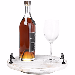 MyGift 12 Inch Whitewashed Wood Lazy Susan Turntable Rotating Tray, Round Condiment Serving Tray with Black Vintage Metal Handles