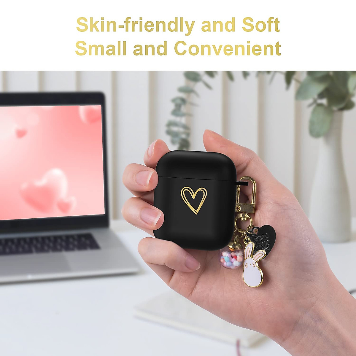Aiiko Airpod Case with Gold Heart Cute Lucky Ball Keychain for Apple AirPods 2nd 1st Generation Charging Case Soft TPU Shockproof Cover Protective Air Pods Case for Girls Women-Black