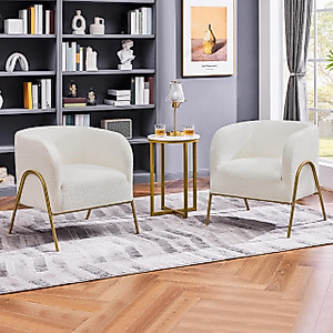Yaheetech Accent Chair Set of 2, Armchair Set, Side Chairs for Living Room, Boucle Fabric Vanity Chairs with Gold Legs for Bedroom Office Readig Nook, Ivory