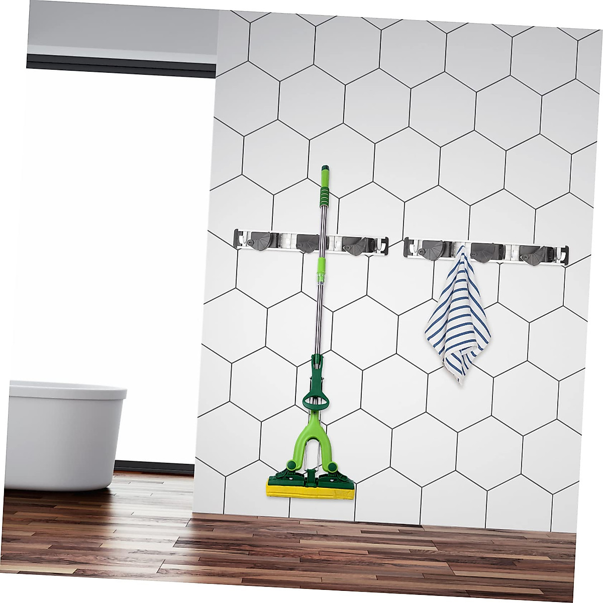 OKUMEYR 2pcs Mop Holder Wall Mount Tool Organizers Cleaning Supplies Organizer Wall Mounted Organizer Nail Broom Holder Mops Wall Utility Rack Shelf Rakes Dustpans Hanger Black Abs