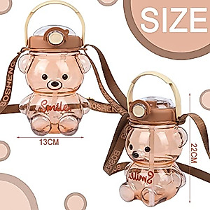 Kawaii Bear Straw Bottle, Large capacity bear water bottle with Strap and Straw, Cute Portable Bear shaped water Bottle Adjustable Removable Strap for outdoor and school activities(grey)