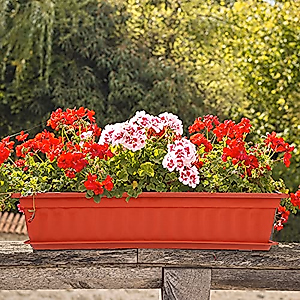 Elcoho 6 Pack Flower Window Box Planters 17 Inches Plastic Vegetable Plant Pot Rectangular Planters with Trays for Windowsill, Patio, Porch, Garden, Home Decor (Red)
