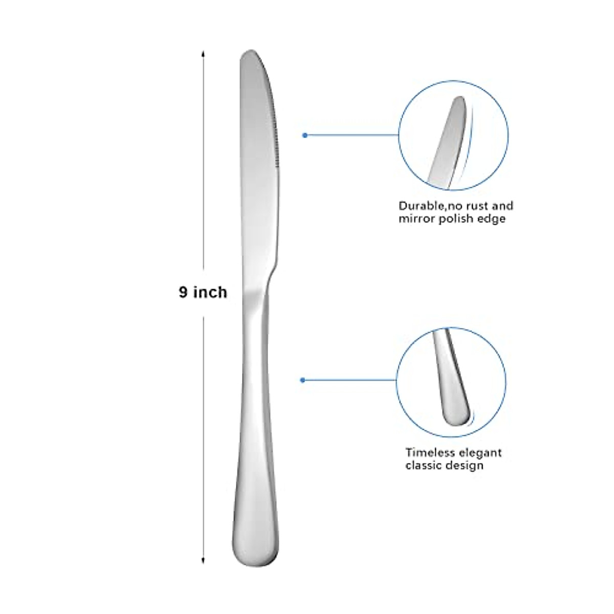 Drun 9-Piece Dinner Knives Set, Stainless Steel Silverware Set, Mirror Polished Kitchen Utensil Use for Home, Kitchen or Restaurant, Flatware Cutlery Dishwasher Safe (Silver 9 Inch)