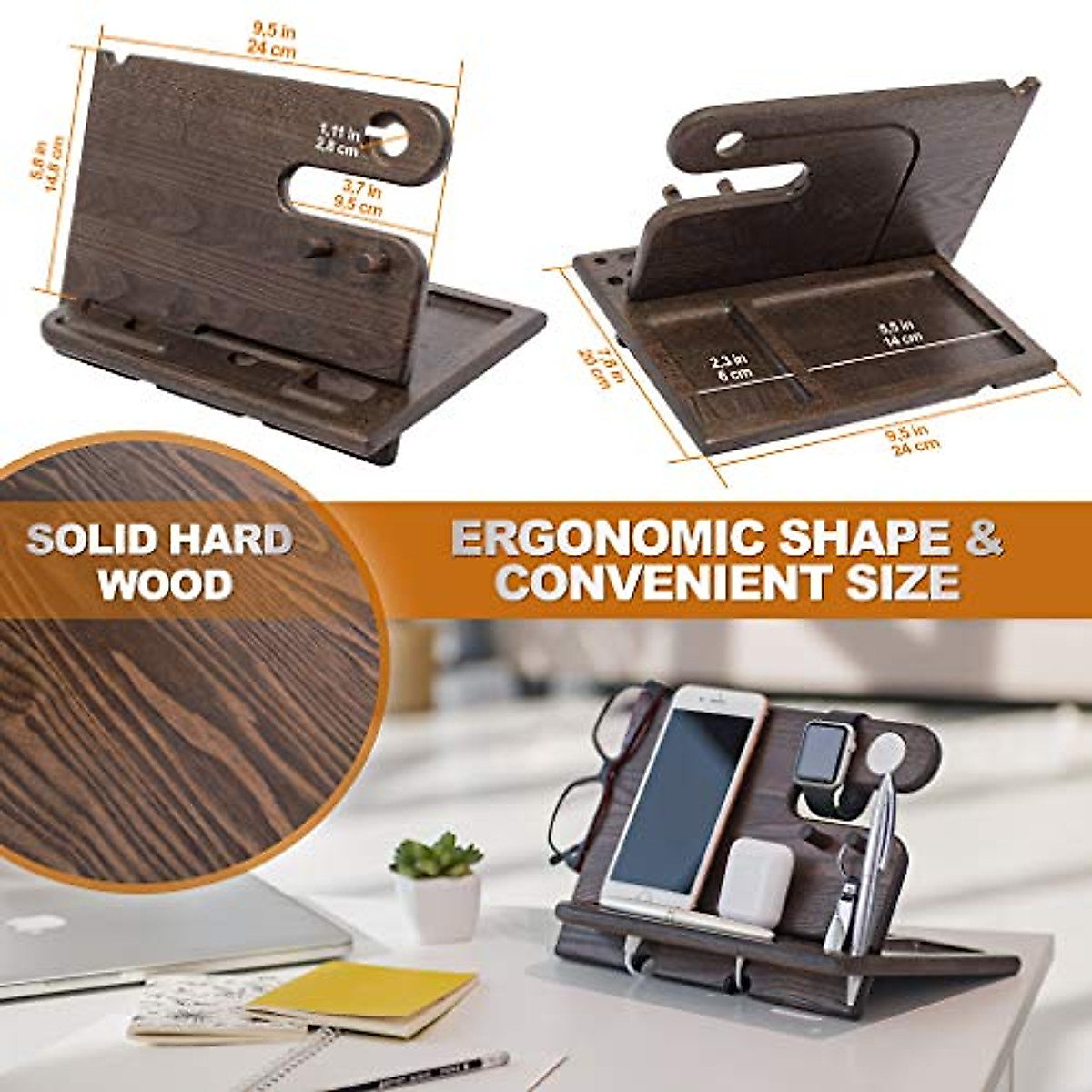 TESLYAR Wood Phone Docking Station Ash Key Holder Wallet Stand Watch Organizer Men Husband Wife Anniversary Dad Birthday Father Graduation Gadgets Compatible with iPhone AirPods iWatch