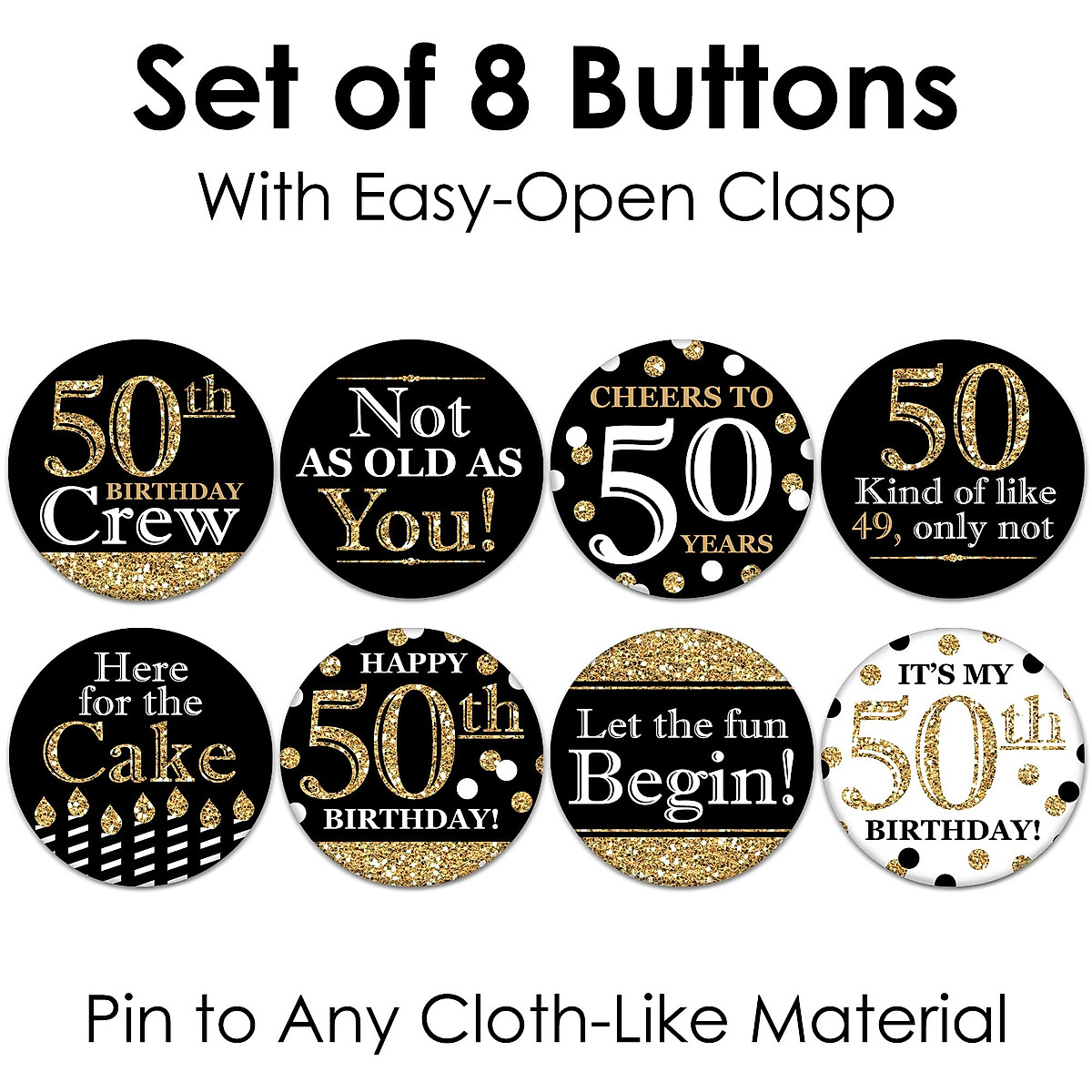 Big Dot of Happiness Adult 50th Birthday - Gold - 3 inch Birthday Party Badge - Pinback Buttons - Set of 8