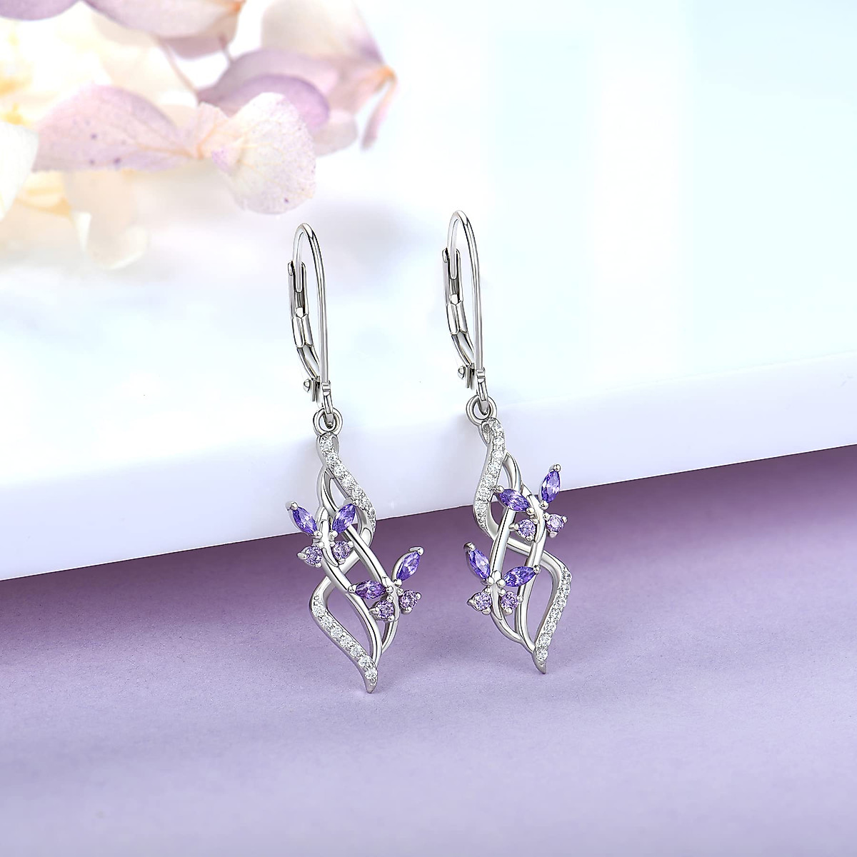 JO WISDOM Women Infinity Butterfly Earrings,925 Sterling Silver Dangle & Drop Earrings with 5A Cubic Zirconia June Birthstone Amethyst Color