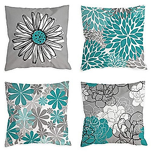 COLORPAPA Teal Pillow Covers 18x18 Set of 4 Turquoise and Grey Decorative Throw Pillow Cover for Couch Modern Daisy Pillows Case for Living Room Cushion Bed Outdoor Home Decor