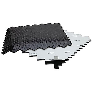 SpeedTiles CALTROP Trendy Herringbone Metal Tiles for Kitchen Backsplash, Fireplace, Interior Wall - 3X Faster Peel & Stick Installation with No Mortar, No Grout - Black Stainless Steel - Sample