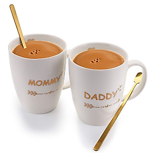 Cedilis Mom and Dad Coffee Mug Set, New Mom and Dad Gifts New Parents Gifts, Mother Father Ceramic Mugs Cups from Daughter Son, Exquisite Box Package with Spoons for Christmas, White, 15oz