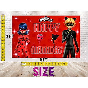 5x3 FT Miraculous Ladybug Backdrop for Birthday Party Decorations. Cartoon Miraculous Ladybug Background for Theme Birthday.
