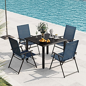 VICLLAX Patio Folding Chairs Set of 2, Outdoor Portable Sling Lawn Chairs for Camping Garden Pool Beach Yard, Dark Blue