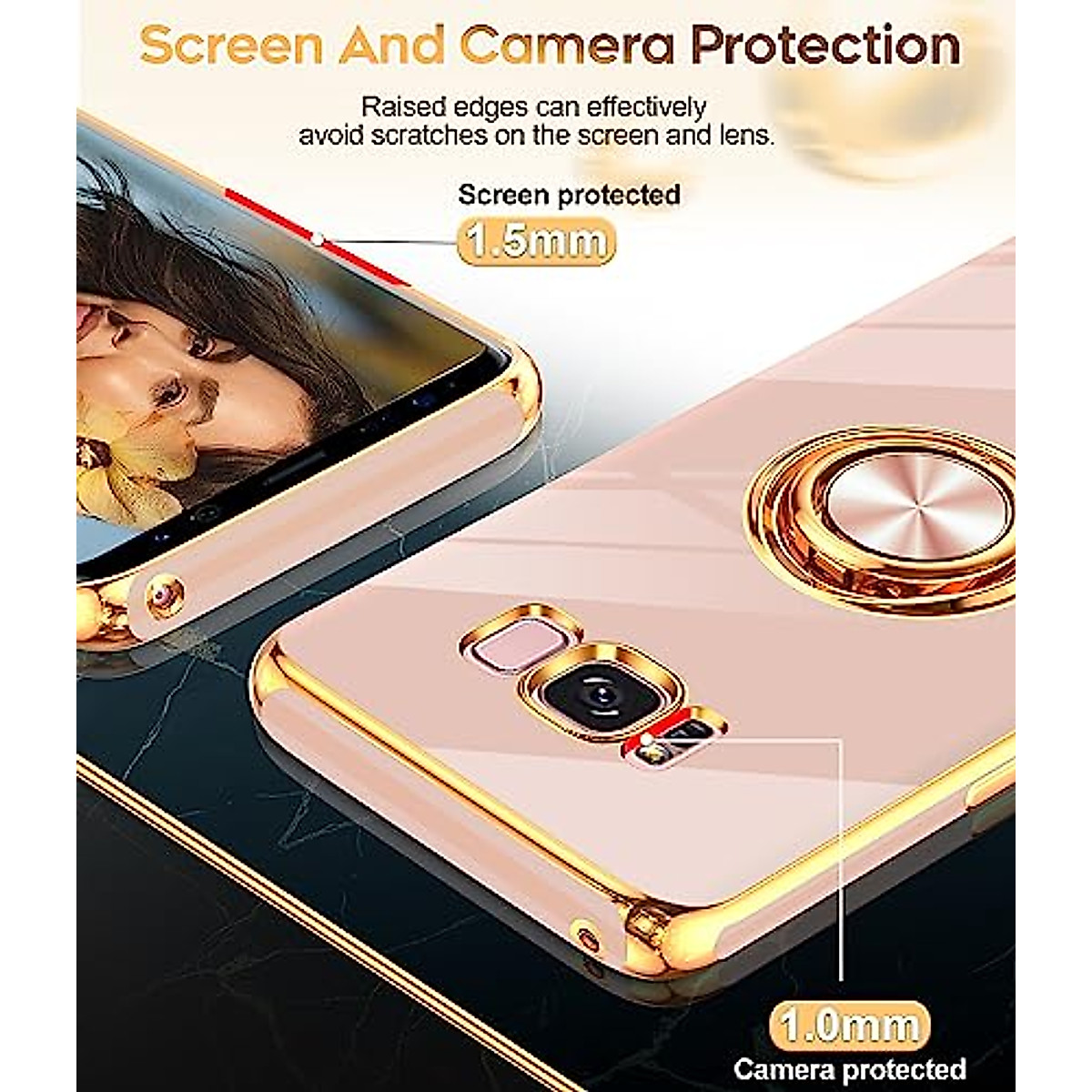 LeYi for Samsung Galaxy S8 Case [ Not Applicable S8 Plus] with 360° Rotatable Ring Holder Magnetic Kickstand, Plating Rose Gold Edge Protective Case, Pink