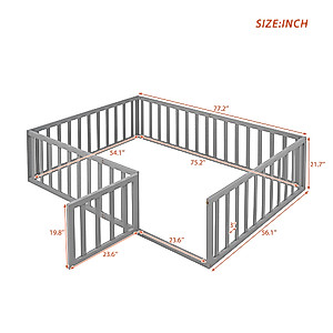 Harper & Bright Designs Full Size Floor Bed with Rails,Montessori Floor Bed Wood Frame with Fence and Door, for Kids Girls Boys-Gray