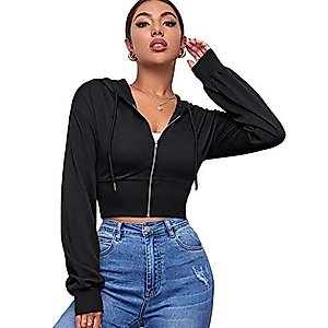 WDIRARA Women's Drop Shoulder Zip Up Drawstring Hoodie Black M