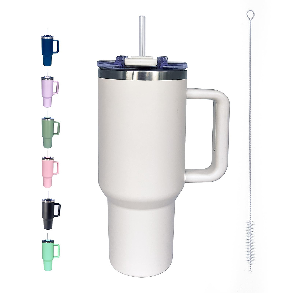 40 oz Tumbler with Handle and Straw Lid,Insulated Reusable Stainless Steel Water Bottle Travel Mug，Cupholder Friendly Double Wall Vacuum Sealed Cup Rice White