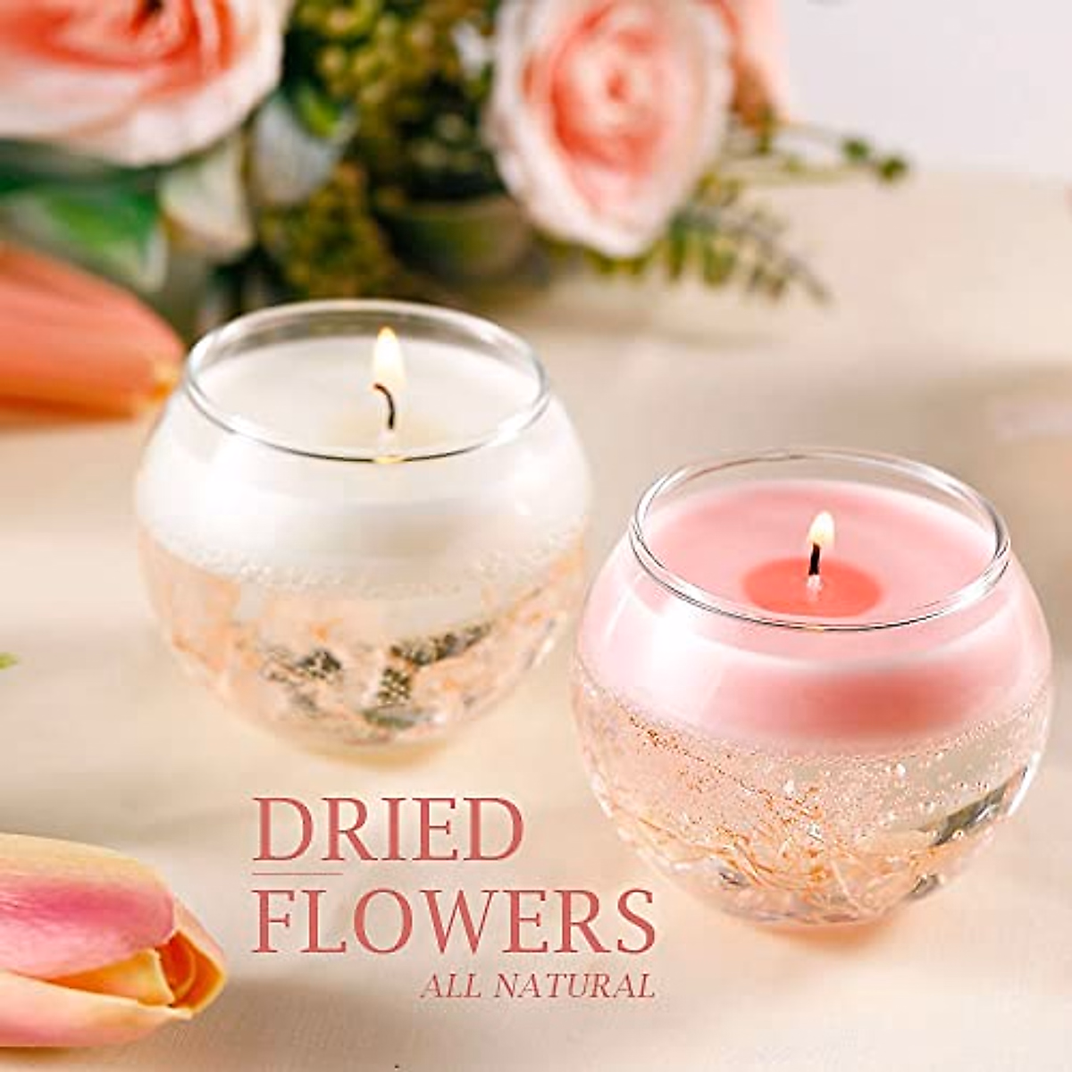 Trooweal Floral Scented Candles with Dried Flowers, Aesthetic Decorative Candles Gifts for Women, Terrarium Candle, Birthday Mothers Day Gifts, Pink