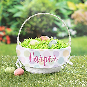 Personalized Easter Egg Basket For Her with Handle and Custom Name | Polka Dot Easter Basket Liners | White Basket | Woven Easter Baskets for Kids | Customized Easter Basket | Gift for Easter