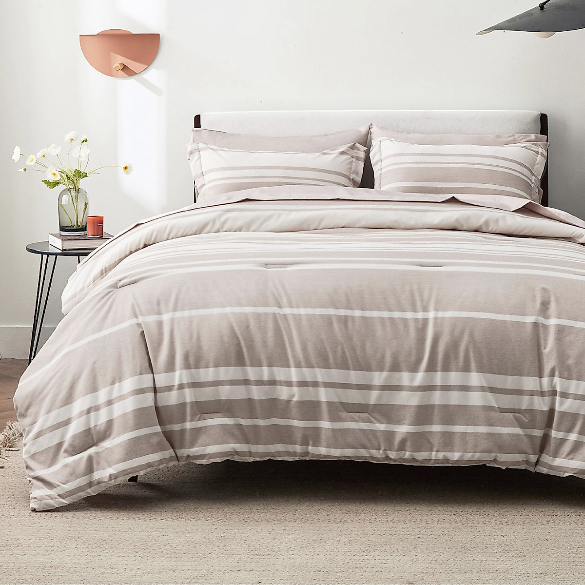 Bedsure Full Comforter Set 7 Pieces, Light Camel Striped Bedding Set for Full Size Bed Reversible, Cationic Dyeing Bed in a Bag with Comforter, Sheets, Pillowcases & Shams