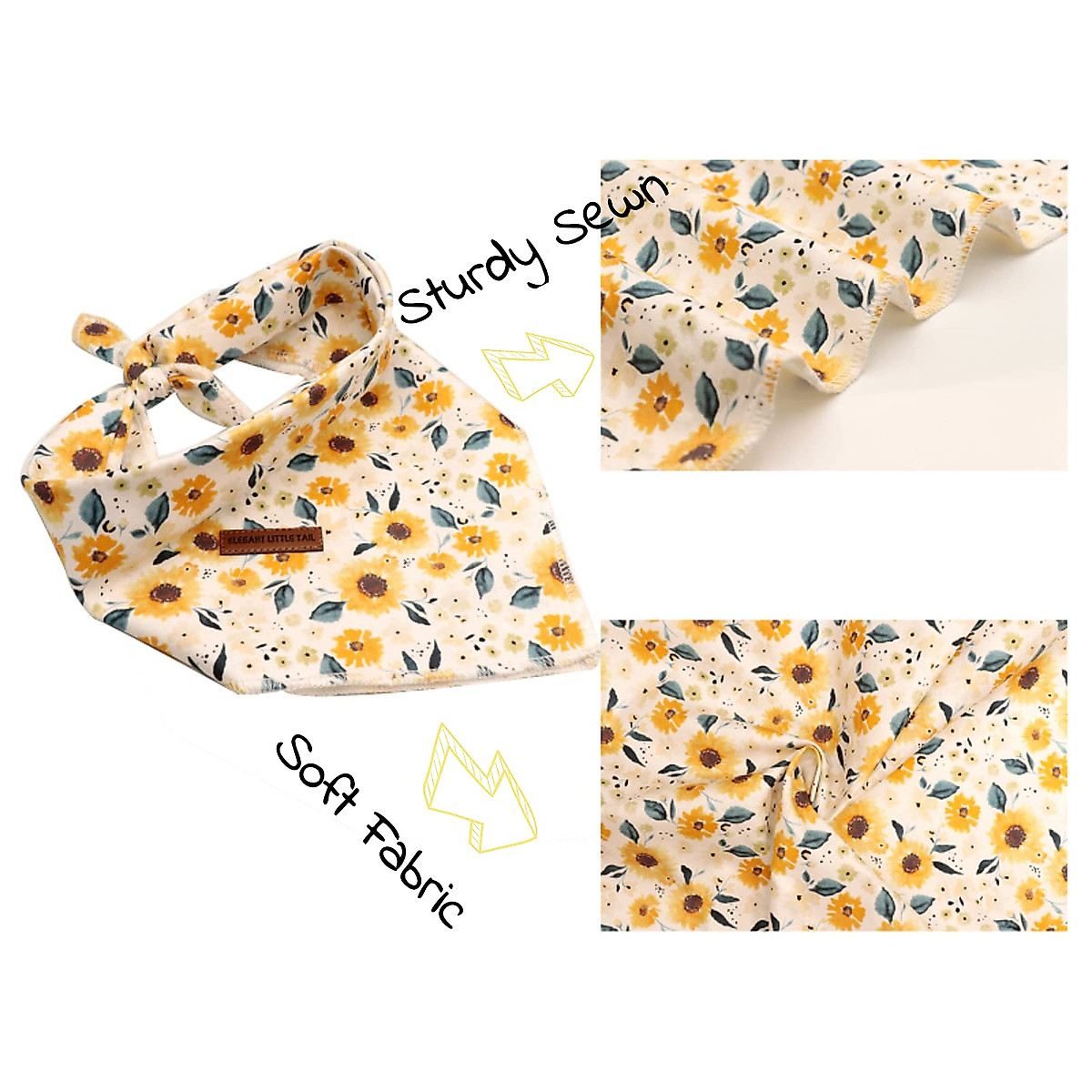 Elegant little tail Dog Bandanas - 1Pack Sunflower Print Washable Dog Scarf Female Square Dog Bib Kerchief Scarf Adjustable Pet Bandana for Medium Large Dogs