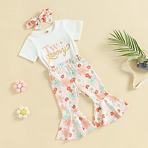 CHAUKAREAUL Toddler Baby Girl 2nd Birthday Outfit Short Sleeve Two Groovy Print Romper Floral Bell Bottom Pants 2 Year Old (White 2nd, 2-3 Years)
