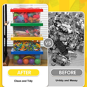 Vicenpal 4 Pack Toy Storage Containers with Lids Brick Shaped Kids Storage Organizer Box Containers Plastic Stackable Organizer Bin Clear Toy Chest for Organizing Building Brick Dolls Toys(Small)