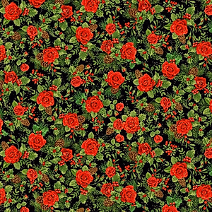 Timeless Treasures Holiday Winter Rose Small Christmas Bouquets with Metallic Gold Accents on Black Cotton Fabric by The Yard, Gold, Black, Green, and Red, CM2899-CREAM