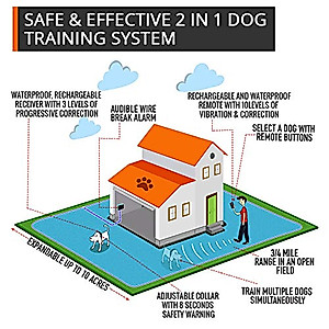 Wireless Dog Fence System - Dog Fence Electric Shock Collar Training with Remote - Pet Containment System with Fence Wire Underground Perimeter - 2 Bark Collar Included