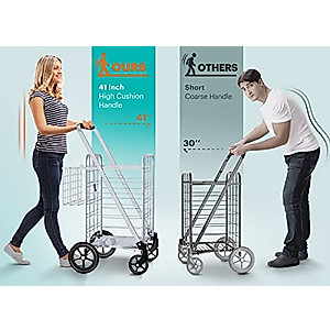 Shopping Cart, Jumbo Double Basket Grocery Cart 340 lbs Capacity Folding Shopping Cart with 360° Rolling Swivel Wheels Super Loading Utility Shopping Cart for Laundry, Shopping, Grocery, Luggage