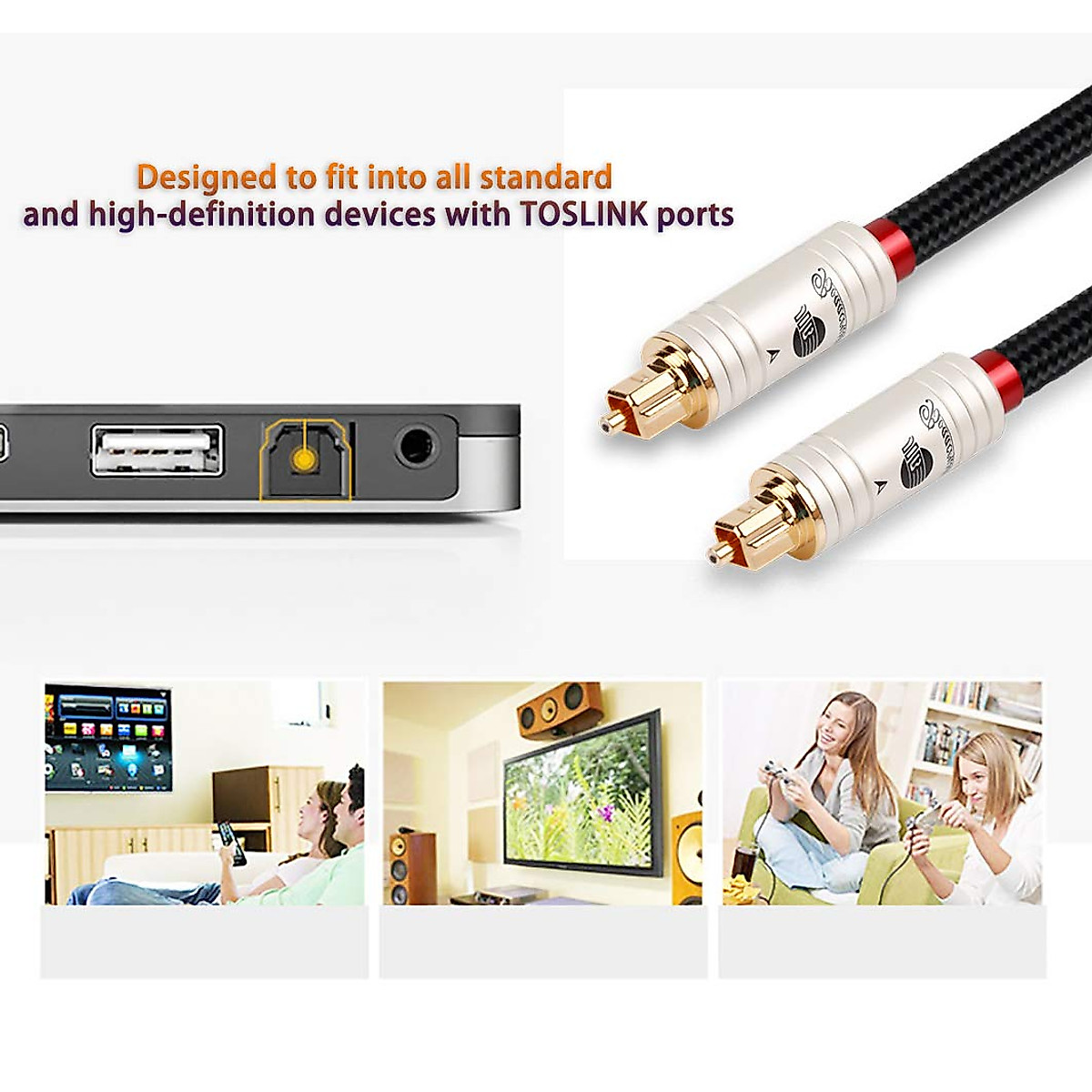 BOAACOUSTIC JIB HiFi Fiber Optical Audio Cable, Toslink Cable Male to Male (S/PDIF) - 6ft/2M