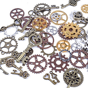 BronaGrand 125 Gram Antique Bronze Vintage Skeleton Keys Steampunk Gears Cogs Charms Pendant Clock Watch Wheel for Crafting, DIY Jewelry