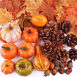 Toonshare Fall Decor Mini 8 Fake Pumpkins with 30 Artificial Maple Leaves 2 Pinecones 10 Acorns for Autumn Thanksgiving Festival Harvest Farmhouse Tiered Tray Ornaments (50 Pieces)