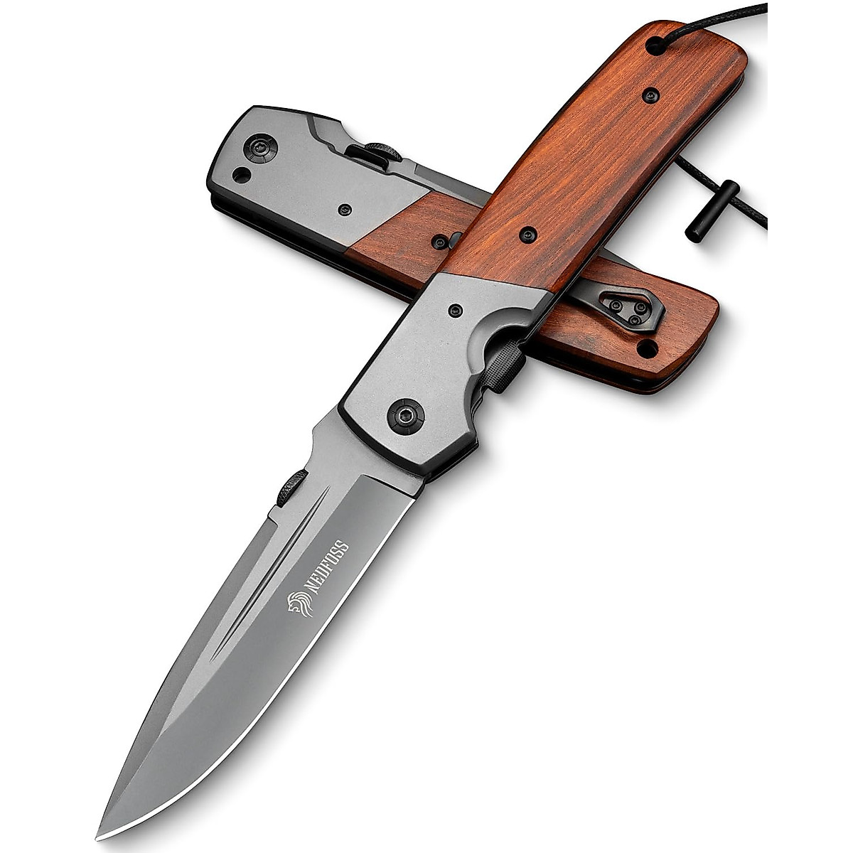 NedFoss DA52 Pocket Knife for Men, 5'' Large Folding Knife, 11'' Survival Knife with Rosewood Handle, Safety Pin, Pocket Clip, Liner Lock