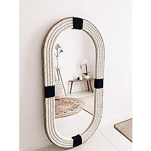 Oval Large | 30in x 18in | Oval Navy Nautical Hampton Coastal Rope Mirror Twisted Rope Home Decor Wall Hanging Mirror (White and BLACK30*18IN)