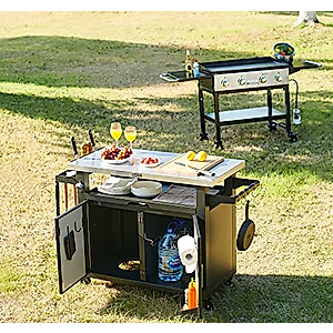 NUUK Pro 42-Inch Rolling Outdoor Kitchen Island and BBQ Serving Cart, with Heavy Duty Wooden Cutting Board and Propane Tank Holder